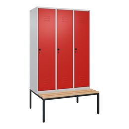 C+P Spind Classic PLUS, Bank, 3 Abteile, 2120x1200x815mm, 7035/3020 Verschluss Sicherheits-Drehriegel 4 Garderobenhaken Trennwand mittig Sitzbanktyp (0800507-32F|S10002)