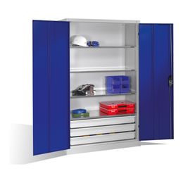 C+P Werkzeugschrank mit Drehtüren, 4 Böden und 3 Schübe, H1950xB1200xT500mm Front Enzianblau Korpus Lichtgrau ; C + P Möbelsysteme (8931-503|S10422)