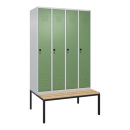 C+P Spind Classic PLUS, Bank, 4 Abteile, 2120x1200x815mm, 7035/6011 Verschluss Sicherheits-Drehriegel 3 Garderobenhaken Sitzbanktyp untergebaut ; C (0800507-40|S10006)