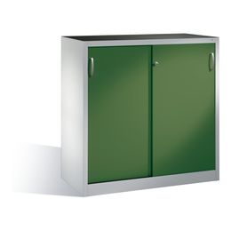 C+P Schwerlast-Beistellschrank mit Schiebet&uuml;ren, 2 B&ouml;den, H1200xB1200xT500mm Front Resedagr&uuml;n Korpus Lichtgrau ; C + P M&ouml;belsysteme (2057-092|S10010)