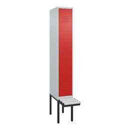 C+P Spind Classic PLUS, Bank, 1 Abteil, 2120x300x815mm, 7035/3020 Verschluss Zylinderschloss 4 Garderobenhaken Trennwand mittig Dekor Banklatten RAL 7 (0800407-10F|S10017)