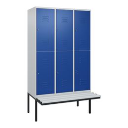 C+P Doppelstock-Spind Classic PLUS, Bank, 3 Abteile, 2120x1200x815mm, 7035/5010 Verschluss Zylinderschloss Sitzbanktyp auskragend Material Sitzfläche (0803407-32|S10018)
