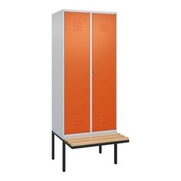 C+P Spind Classic PLUS, Bank, 2 Abteile, 2120x800x815mm, 7035/2004 Verschluss Zylinderschloss 4 Garderobenhaken Trennwand mittig Sitzbanktyp auskrage (0800407-22F|S10120)