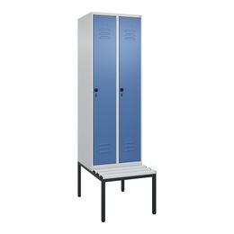 C+P Spind Classic PLUS, Bank, 2 Abteile, 2120x600x815mm, 7035/5023 Verschluss Sicherheits-Drehriegel 4 Garderobenhaken Trennwand mittig Dekor Banklatt (0800507-20F|S10035)