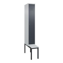 C+P Spind Classic PLUS, Bank, 1 Abteil, 2120x300x815mm, 7035/7016 Verschluss Zylinderschloss 3 Garderobenhaken Dekor Banklatten RAL 7035 Lichtgrau Si (0800507-10|S10025)