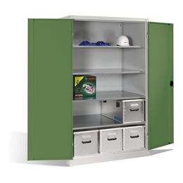 C+P Schwerlast-Werkzeugschrank XXL mit Dreht&uuml;ren, innen 4 B&ouml;den, H1950xB1200xT800mm Front Resedagr&uuml;n Korpus Lichtgrau ; C + P M&ouml;belsysteme (8934-052|S10108)