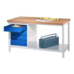 Pavoy Stahl-Werkbank 1500 mm, 1 Boden, 1 x 4 Schubladen, Korpus Lichtgrau / Front Enzianblau (58587-150-000-735510)