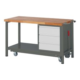 STIER Werkbank Premium mit abs. Fahrgestell und 3 Schubladen BxTxH 1500x700x880 mm (906079)