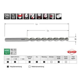 Ruko Spiralbohrer DIN 340 TL 3000 HSSE Co 5 D 10,5 mm L 184 mm (253105)