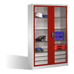 C+P Werkzeugschrank, Sichtfenster-Drehtüren, 3 Böden, 3 Schübe, H1950xB1200xT500mm Front Rubinrot Korpus Lichtgrau ; C + P Möbelsysteme (8931-5530|S10085)
