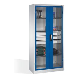 C+P Werkzeugschrank, Sichtfenster-Drehtüren, 3 Böden, 3 Schübe, H1950xB930xT500mm Front Enzianblau Korpus Lichtgrau ; C + P Möbelsysteme (8921-5530|S10089)