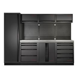 Kraftwerk 4-Element-Schrankwand mit Vierkantlochwand Länge 2640 mm rostfreien Arbeitsplatte (3964B-BLK-IX)