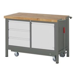 STIER Werkbank Premium mit abs. Fahrgestell, 3 Schubladen und 1 Flügeltüren BxTxH 1250x700x880mm (904816)