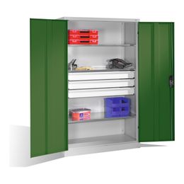 C+P Schwerlastschrank mit Dreht&uuml;ren, 3 B&ouml;den und 3 Sch&uuml;be, H1950xB1200xT500mm Front Resedagr&uuml;n Korpus Lichtgrau ; C + P M&ouml;belsysteme (8931-5230|S10132)