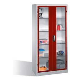 C+P Werkzeugschrank mit Sichtfenster-Drehtüren, innen 4 Böden, H1950xB930xT500mm Front Rubinrot Korpus Lichtgrau ; C + P Möbelsysteme (8921-055|S10319)