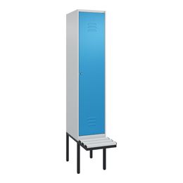 C+P Spind Classic PLUS, Bank, 1 Abteil, 2120x400x815mm, 7035/5012 Verschluss Zylinderschloss 4 Garderobenhaken Trennwand mittig Dekor Banklatten RAL 7 (0800407-12F|S10019)