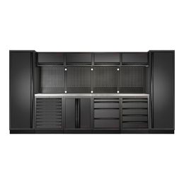 Kraftwerk 6-Element-Schrankwand mit Vierkantlochwand Länge 3920 mm INOX-Arbeitsplatte (3964F-BLK-IX)