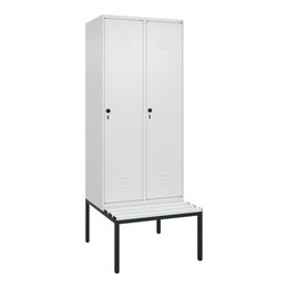 C+P Spind Classic PLUS, Bank, 2 Abteile, 2120x800x815mm, 9016/9016 Verschluss Sicherheits-Drehriegel 4 Garderobenhaken Dekor Banklatten RAL 9010 Rein (0800507-22|S10044)