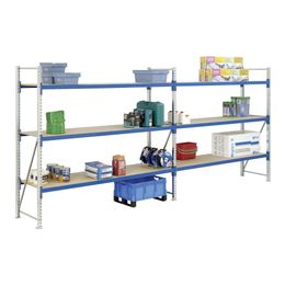 Bito Weitspannregal-Set F2 aus Grund- und Anbaufeld mit 3 Ebenen L5580xH2000xT600 mm, Spanplatten enzianblau (C0350-0285)