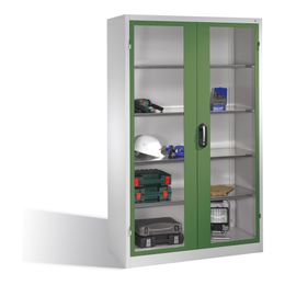 C+P Werkzeugschrank mit Sichtfenster-Drehtüren, innen 4 Böden, H1950xB1200xT500mm Front Resedagrün Korpus Lichtgrau ; C + P Möbelsysteme (8931-055|S10190)