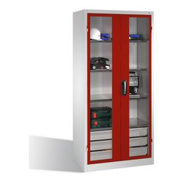 C+P Werkzeugschrank, Sichtfenster-Drehtüren, 4 Böden, 3 Schübe, H1950xB930xT500mm Front Rubinrot Korpus Lichtgrau ; C + P Möbelsysteme (8921-553|S10092)
