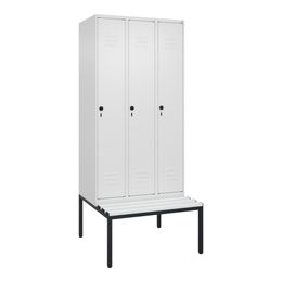 C+P Spind Classic PLUS, Bank, 3 Abteile, 2120x900x815mm, 9016/9016 Verschluss Sicherheits-Drehriegel 3 Garderobenhaken Dekor Banklatten RAL 9010 Rein (0800507-30|S10044)