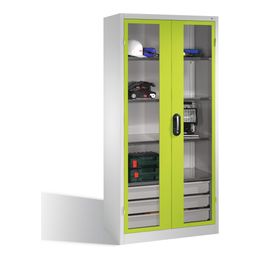C+P Werkzeugschrank, Sichtfenster-Drehtüren, 4 Böden, 3 Schübe, H1950xB930xT500mm Front Viridingrün Korpus Lichtgrau ; C + P Möbelsysteme (8921-553|S10096)