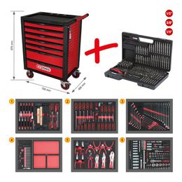 KS Tools RACINGline Werkstattwagen aus Stahl mit 7 Schubladen und 598 Premium-Werkzeugen schwarz-rot, 8267598 (826.7598)