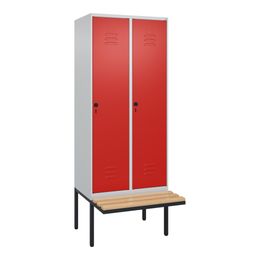 C+P Spind Classic PLUS, Bank, 2 Abteile, 2120x800x815mm, 7035/3020 Verschluss Sicherheits-Drehriegel 4 Garderobenhaken Trennwand mittig Sitzbanktyp a (0800407-22F|S10002)