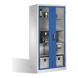C+P Werkzeugschrank XXL mit Sichtfenster-Dreht&uuml;ren, innen 4 B&ouml;den, H1950xB930xT800mm Front Enzianblau Korpus Lichtgrau ; C + P M&ouml;belsysteme (8924-055|S10108)