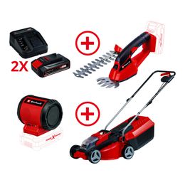 Einhell Akku-Rasenmäher + Akku-Gras- und Strauchschere + 2x 2,5 Ah Starter-Kit + Akku-Lautsprecher (4326424)