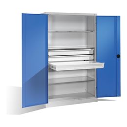 C+P Schwerlastschrank mit Dreht&uuml;ren, 3 B&ouml;den und 3 Sch&uuml;be, H1950xB1200xT500mm Front Lichtblau Korpus Lichtgrau ; C + P M&ouml;belsysteme (8931-5230|S10079)