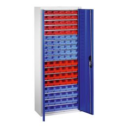 C + P M&ouml;belsysteme Magazinschrank aus Stahlblech mit 108 Sichtlagerk&auml;sten aus Kunststoff (H:1690 mm, B:700 mm, T:300 mm, Front Enzianblau, Korpus Lichtgrau), 133413-21 | S10018 (133413-21|S10018)