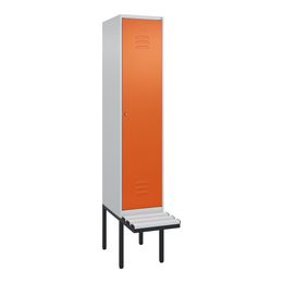 C+P Spind Classic PLUS, Bank, 1 Abteil, 2120x400x815mm, 7035/2004 Verschluss Zylinderschloss 4 Garderobenhaken Dekor Banklatten RAL 7035 Lichtgrau Si (0800407-12|S10122)