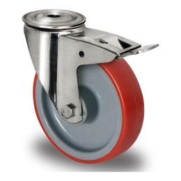 CASCOO Rückenlochlenkrolle mit Totalfeststeller ø 80 mm Serie N2U6 Rollenlager Edelstahl (BIH36S0080N2U6Q0N)