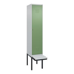 C+P Spind Classic PLUS, Bank, 1 Abteil, 2120x400x815mm, 7035/6011 Verschluss Zylinderschloss 4 Garderobenhaken Trennwand mittig Dekor Banklatten RAL 7 (0800407-12F|S10021)