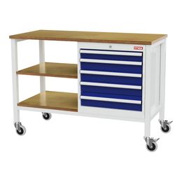 STIER Mobile Kastenwerkbank mit 5 Schubladen und 2 Holzfachböden BxTxH 1300x600x960 mm RAL 7035 / RAL 5010 (905021)