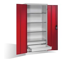 C+P Werkzeugschrank mit Drehtüren, 4 Böden und 3 Schübe, H1950xB930xT500mm Front Rubinrot Korpus Lichtgrau ; C + P Möbelsysteme (8921-503|S10133)