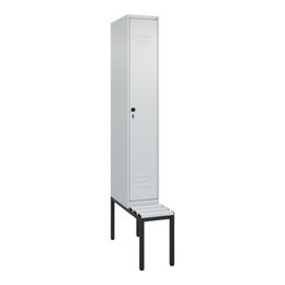 C+P Spind Classic PLUS, Bank, 1 Abteil, 2120x300x815mm, 7035/7035 Verschluss Sicherheits-Drehriegel 3 Garderobenhaken Dekor Banklatten RAL 7035 Licht (0800507-10|S10041)