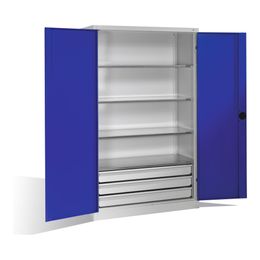 C+P Schwerlastschrank mit Dreht&uuml;ren, 4 B&ouml;den und 3 Sch&uuml;be, H1950xB1200xT500mm Front Enzianblau Korpus Lichtgrau ; C + P M&ouml;belsysteme (8931-523|S10106)