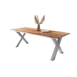 Baumkantentisch Akazie mit schwarzen Resin-Adern naturfarben 260 x 100 cm X-Gestell silber POLLY