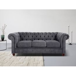 Chesterfield-Sofa Home Affaire "Chesterfield 3-Sitzer B/T/H: 198/89/74 cm", grau (anthrazit), B:198cm H:74cm T:89cm, 100% Polyester, Sofas, mit hochwertiger Knopfheftung, auch in Leder
