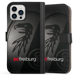 DeinDesign iPhone 13 Pro Max Handy Klapph&uuml;lle Handyh&uuml;lle aus Kunst Leder schwarz Flip Case Official Licensed Product Sc Freiburg Metallic Look Sideflip mit 