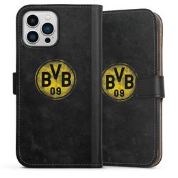 DeinDesign iPhone 13 Pro Max Handy Klapph&uuml;lle Handyh&uuml;lle aus Kunst Leder schwarz Flip Case Bvb Borussia Dortmund Merchandise Sideflip mit langer Lasche