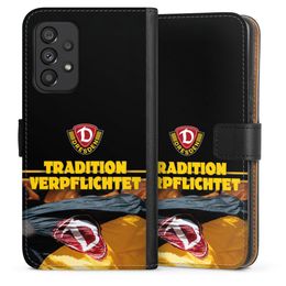 DeinDesign Galaxy A53 5G Handy Klapph&uuml;lle Handyh&uuml;lle aus Kunst Leder schwarz Flip Case Sg Dynamo Dresden Merchandise Sgd Sideflip mit langer Lasche