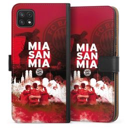 DeinDesign Galaxy A22 5G Handy Klapph&uuml;lle Handyh&uuml;lle aus Kunst Leder schwarz Flip Case Fc Bayern M&uuml;nchen Fcb Mia San Mia Sideflip mit langer Lasche