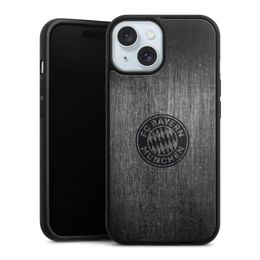 DeinDesign iPhone 15 Handy Gallery Case Handyh&uuml;lle 9H Geh&auml;rtetes Glas R&uuml;ckseite H&uuml;lle Fcb Metallic Look Fc Bayern M&uuml;nchen Gallery Case