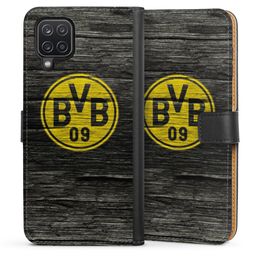 DeinDesign Galaxy A12 Handy Klapph&uuml;lle Handyh&uuml;lle aus Kunst Leder schwarz Flip Case Bvb Wooden Look Borussia Dortmund Sideflip mit langer Lasche