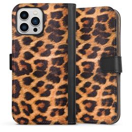 DeinDesign iPhone 13 Pro Max Handy Klapph&uuml;lle Handyh&uuml;lle aus Kunst Leder schwarz Flip Case Animal Print Leopard Fur Sideflip mit langer Lasche