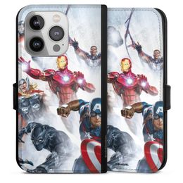 DeinDesign iPhone 14 Pro Handy Klapph&uuml;lle Handyh&uuml;lle aus Kunst Leder schwarz Flip Case Marvel Avengers Official Licensed Product Sideflip mit langer Lasche